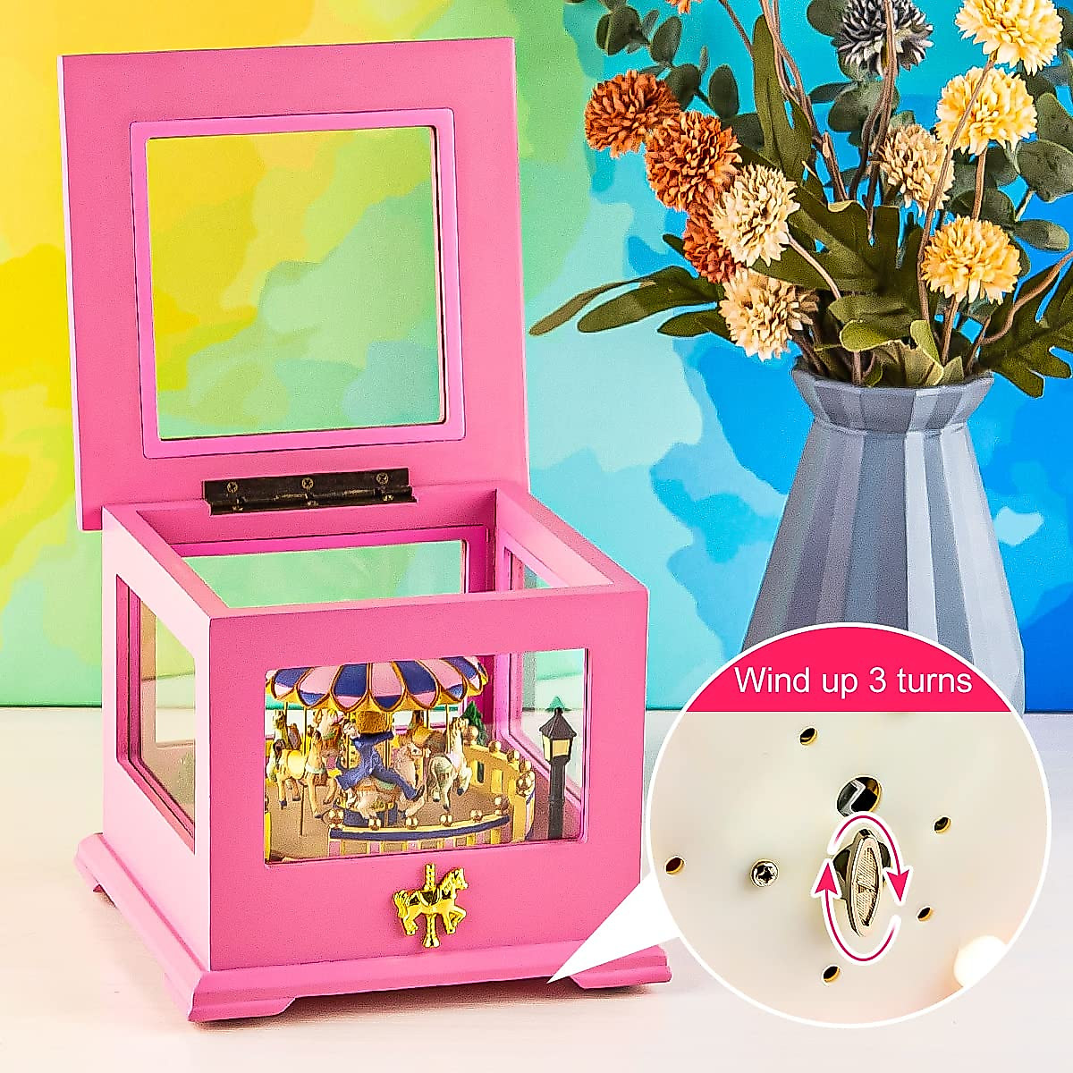 Wooden Carousel Horse Music Box Gift, Wind Up Musical Box Gift for Wife Daughter Women Sister Pink Merry Go Round Valentine Day Christmas Birthday Plays Castle in The Sky