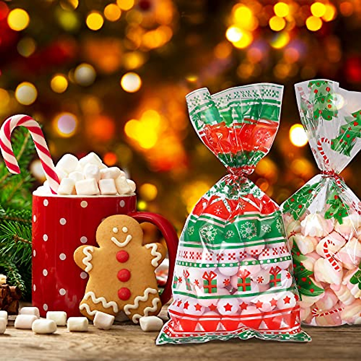 SUPERLELE 170pcs Christmas Cellophane Bags Candy Cookie Storage Christmas Treat Bags with 180pcs Twist Ties Party Favor 5.9x11in 10 Styles