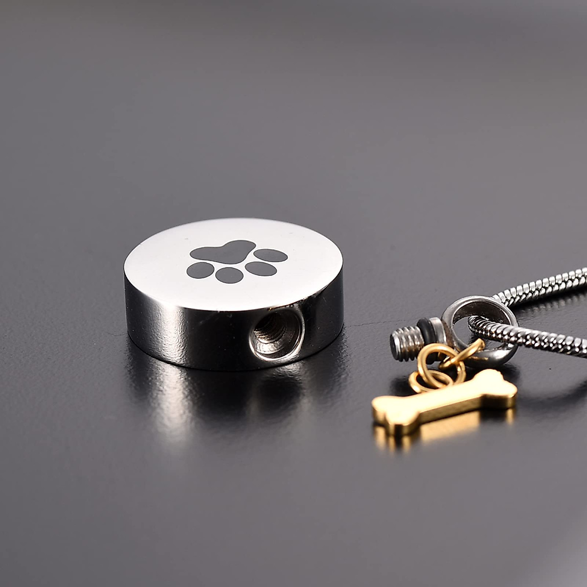 BIAIHQIE Golden Dog Bone Charm & Paw Print Round Stainless Steel Cremation Urn Jewelry for Pet Ashes Keepsake Memorial Necklace