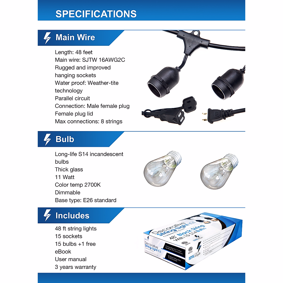 RZSAIDA Light Outdoor String Lights 48 ft Thick Bulb with Hanging Sockets Weatherproof Commercial Grade Bistro Backyard Market Patio Cafe Porch Garden Deck Gazebo Pergola Balcony Exterior Strand