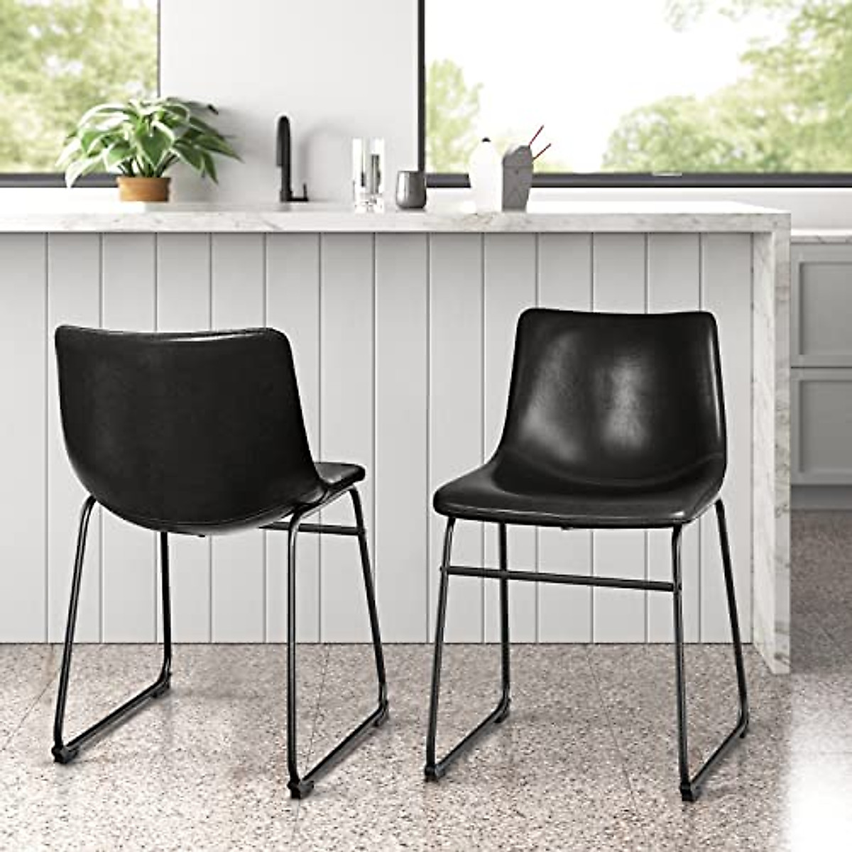 LEMBERI 18 inch Bar Stools Set of 2 Modern Barstools, Faux Leather Upholstered Stool with Back and Metal Legs, Armless Bar Kitchen & Dining Room Chairs (Black, 2pcs 18")