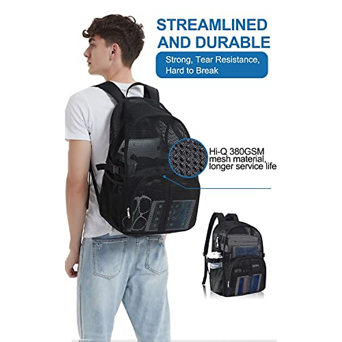 Heavy Duty Mesh Backpack for Adults, 22L Mesh Backpack for School, See Through Black Mesh Bookbag for Boys Girls with Comfort Padded Straps for School, Beach, Swimming, Fitness, Sports(Black)