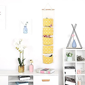 Over The Door Storage Bag, Multifunctional Wall Closet Hanging Storage Organizer with 5 Pockets Cotton Linen Hanging Pocket Organizer for Bedroom Bathroom