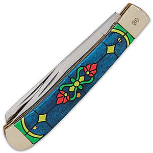 KISSING CRANE Trapper Knife - Sapphire Stained Glass | Pocket Knife for Men | 4" Closed Length | 440 Stainless Steel Blades | Bone Handle Scales & Nickel Silver Bolsters