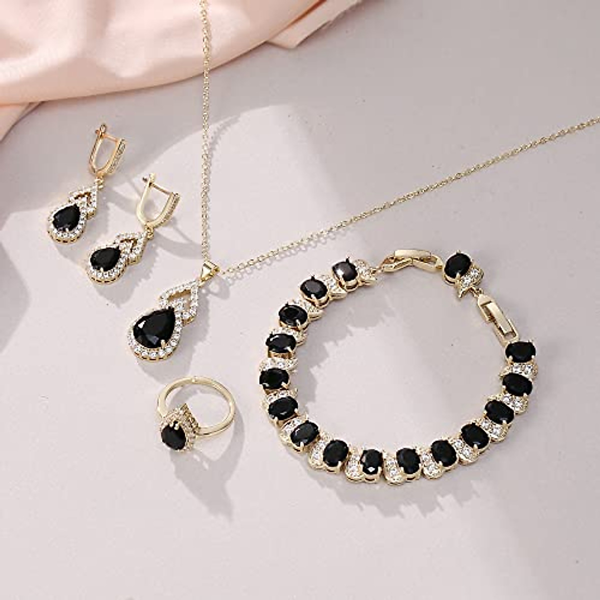 Mayfox Bridal Cubic Zirconia Open Ring Bracelet Necklace Dangle Earrings Set, Waterdrop Oval White Gold Plated Jewelry Gifts for Women Girl Black_Gold Tone