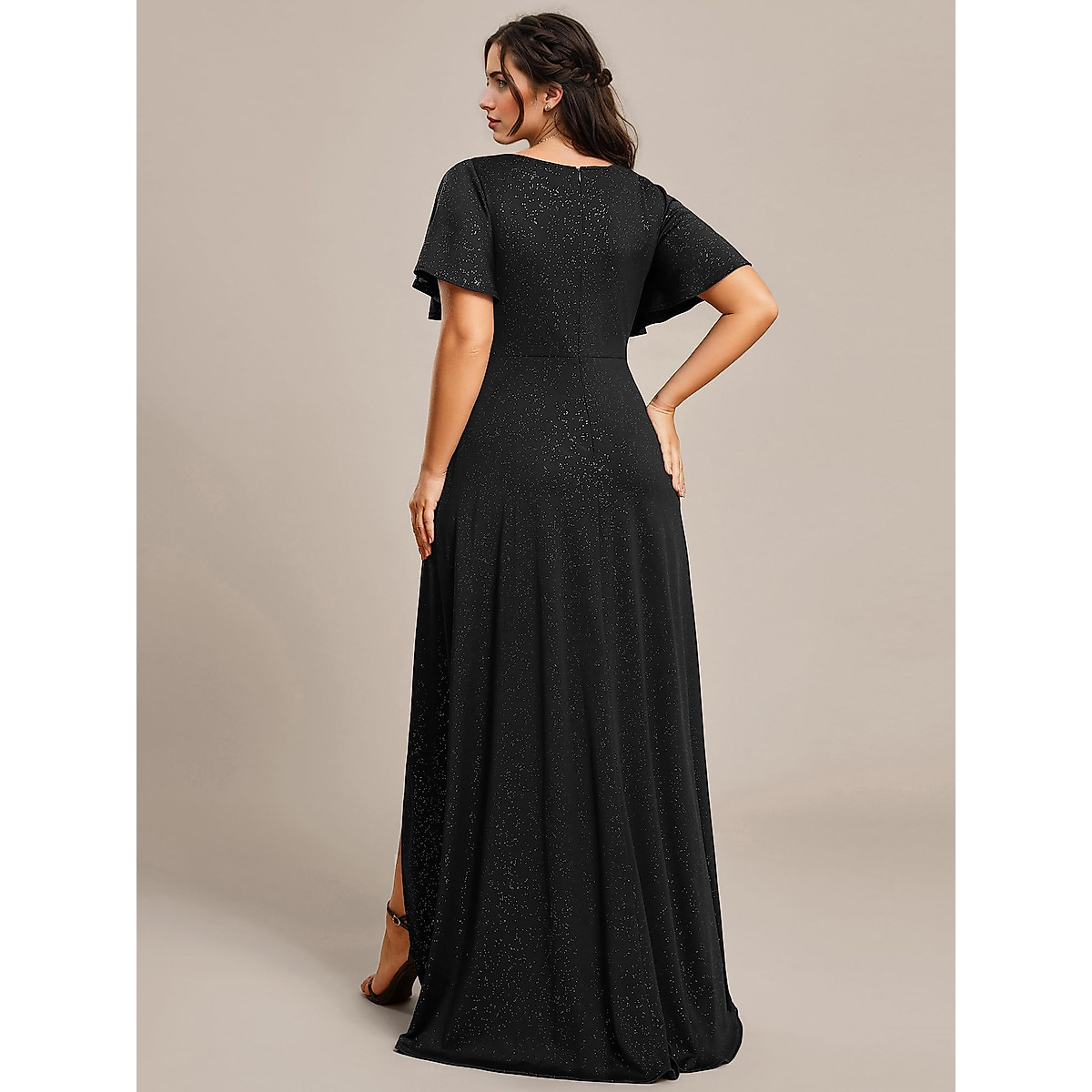 Ever-Pretty Women's Plus Size A-line V Neck Maxi High Low Winter Fall Ball Gowns Party Dresses Black US18