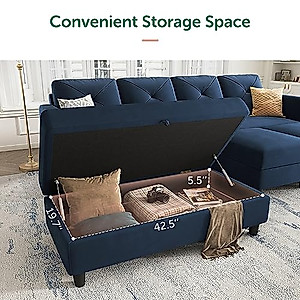 HONBAY Sleeper Sectional Sofa Set Velvet U Shaped Couch with Storage Ottoman 4-Seat Sectional Sofa Set for Living Room, Dark Blue