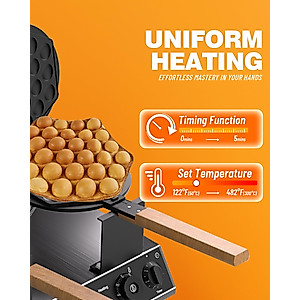 PYY Double Bubble Waffle Maker Commercial Waffle Maker Non-stick Hong Kong Egg Waffle Maker for Home Use Stainless Steel Pancake Maker 180° rotate, 1500W 110V Electric Cone Maker 122-482℉