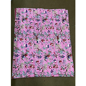 Indian Cotton Hand Stitched Kantha Birds Print Quilt Bedding Throw Bedcover Decorative Gudari Bedspread Queen Size Blanket Home KQ-52