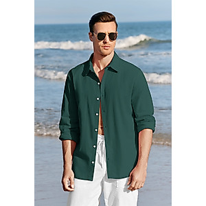 Mens Button Up Shirts Linen Beach Long Sleeve Casual Cotton Summer Lightweight Tops