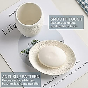 Bathroom Accessories Set with Embossed Design 4PCS, Ceramic White Bathroom Accessory Set, 1Pcs Bathroom Soap Dispenser 14oz, 2Pcs Tumbler Cup, 1Pcs Soap Dish, ANTIS'S HOME