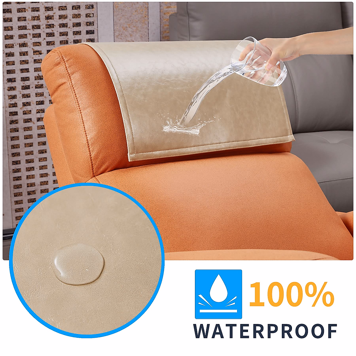 Hittun Non Slip Recliner Headrest Protector Washable Faux Leather Headrest Covers for Recliner Chair Waterproof Couch Headrest Covers for Sofa,Furniture,Office Chair,Theater Seat (Beige)