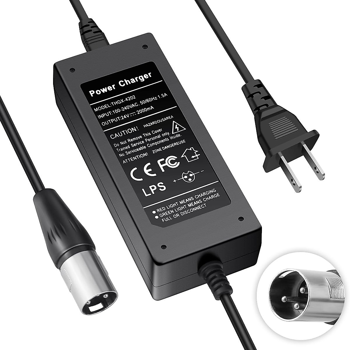 24V 2A 3-Pin XLR Electric Scooter Battery Charger for Go-Go Elite Traveller Plus HD US, Pride Mobility Scooter, Ezip Mountain Trailz, Jazzy Power Chair, 4 Wheel Mobility