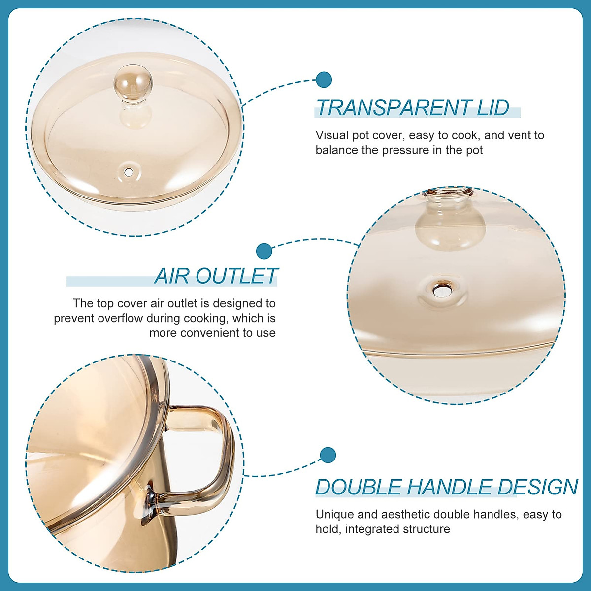 Vaguelly Glass Pot, Clear Glass Cooking Pot Saucepan with Lid, 1500mL Simmer Pot Stew Pot Microwave Stove and Dishwasher Safe Double-Handle Cookware for Milk Pasta Noodles Soup, Amber