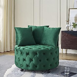 Tmsan Modern Swivel Chair, 30'' Green Velvet Barrel Chair with 3 Pillows, 360° Rotating Wheels for Living Room, Bedroom