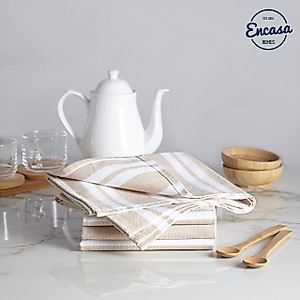 Encasa Homes Anti-Odour Kitchen Dish Towels, 18 x 28 inch (4 Pc Set) Highly Absorbent, Tea Towels for Cleaning & Quick Drying, Eco-Friendly Cotton Franca Beige Stripes