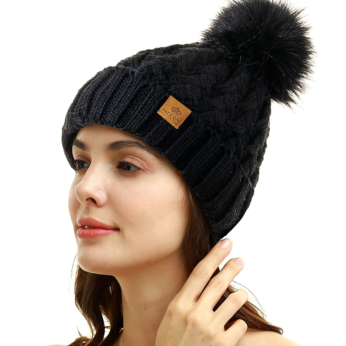 PAGE ONE Womens Winter Ribbed Beanie Crossed Cap Chunky Cable Knit Pompom Soft Warm Hat Black