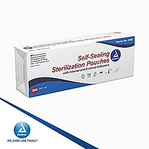 Dynarex Sterilization Pouches - Self-Sealing Autoclave Bags for Medical, Dental, Tattoo & Nail Care Tools - Blue-Tinted Transparent Cover, Dual Color Indicators - 3.5" x 9", 1 Box of 200