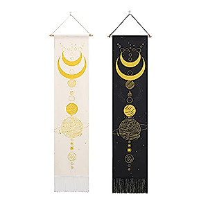 Lourny Sun and Moon Phase Wall hanging - 2 Pcs Long Black and White Tapestry Starry Night Sky Small Tapestries Decor for Bedroom Living Room(Black+White Moon)