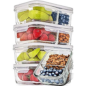 Prep Naturals Glass Meal Prep Containers 2 Compartment 5 Pack - Food Storage Containers - Glass Storage Containers with Lids - Divided Glass Cupcake Carriers 29 Ounce