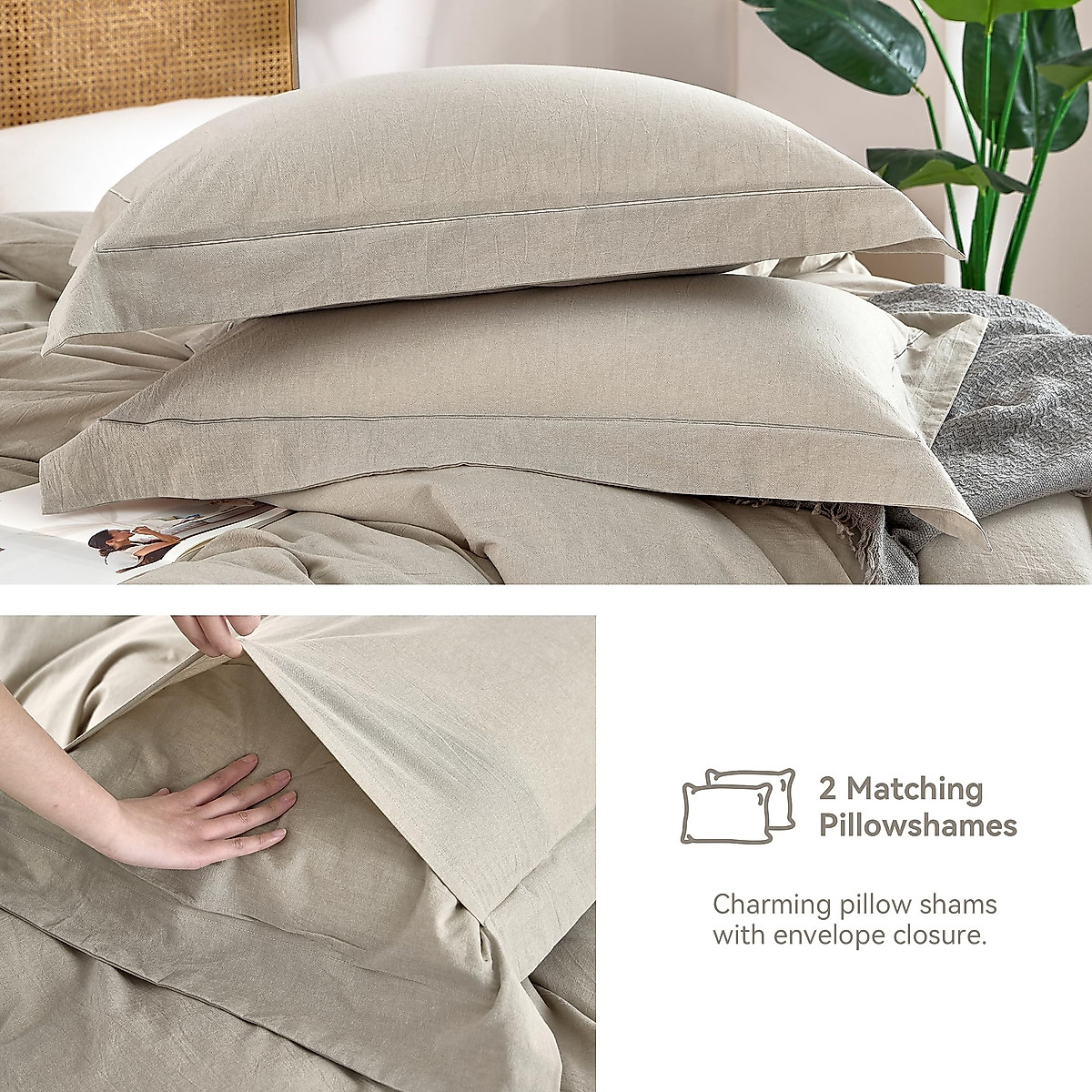 JELLYMONI 100% Washed Cotton 3 Pieces Cream Grey Duvet Cover King Size - Linen Like Textured Breathable Comforter Cover with Pillow Shams (Cream Grey, 104"x90")