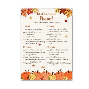 PUMPKINS Baby Shower Game — WHAT'S ON YOUR PHONE Baby Shower Game — Pack of 25 — LITTLE PUMPKIN Baby Shower Games, Fall Halloween Baby Shower Game, Baby Shower Activity, SKU G330-PHN