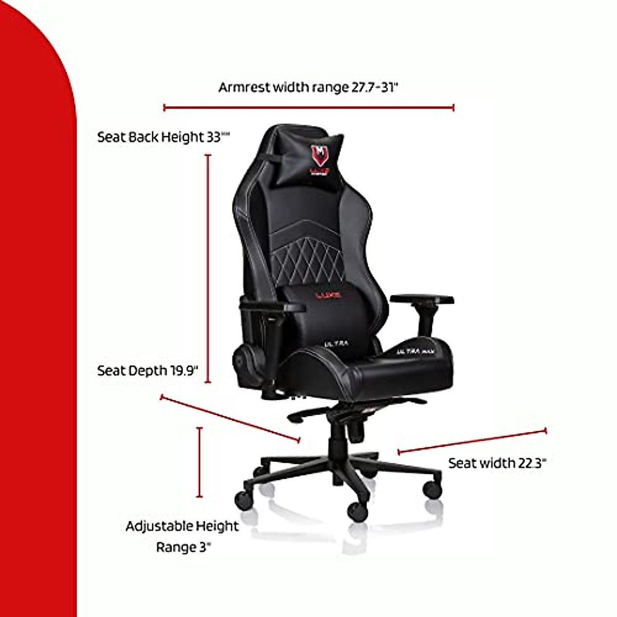 Luxe Ultra Max Gaming Chair and Desk Chair- Black Body with Black Side seat Panels and Gold Stitching