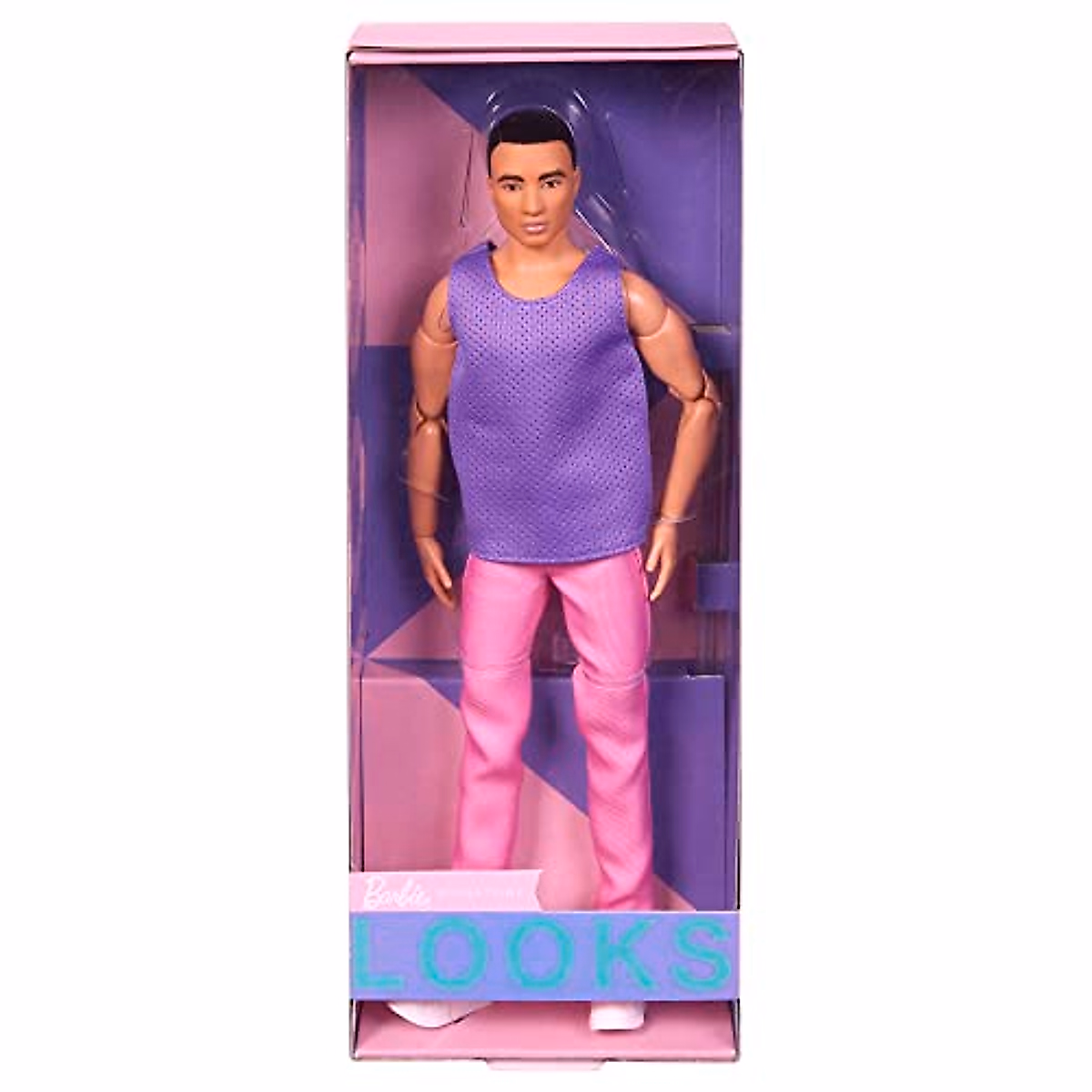 Barbie Looks Ken Doll with Black Hair Dressed in Purple Mesh Top and Pink Trousers, Posable Made to Move Body, 6 years and older