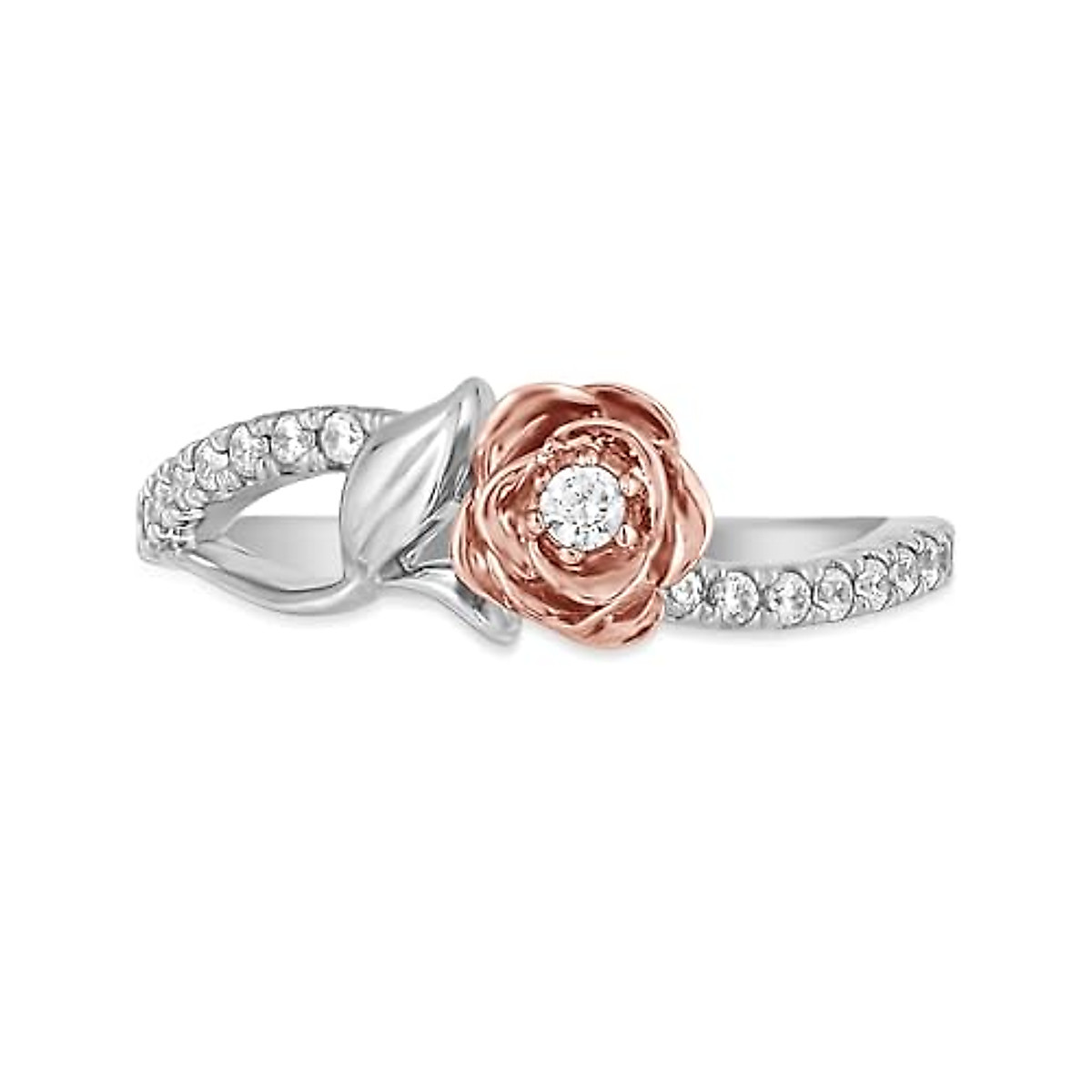 Jewelili Enchanted Disney Fine Jewelry Sterling Silver and 10K Rose Gold with 1/5 CTTW Diamond Belle Rose Ring size 6