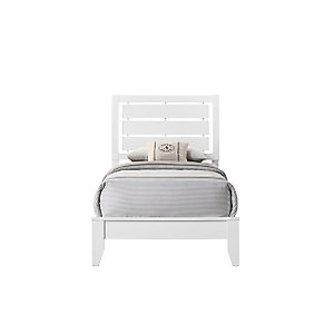 GOWE 1pc Twin Size White Finish Panel Bed Geometric Design Frame Softly Curved Headboard Wooden Youth Bedroom Furniture