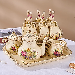 YOLIFE Ivory Serving Tray, Ceramic Floral and Gold Leaves Decorative Platter for Tea Party 15 X 11 inch (Flowering Shrubs)