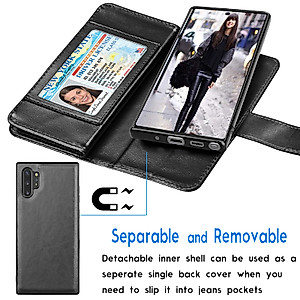 Galaxy Note 10 Plus Case, Galaxy Note 10+ Wallet Case, Luxury Cash Credit Card Slots Holder Carrying Folio Flip PU Leather Cover [Detachable Magnetic Hard Case] Kickstand for Samsung Note10+ [Black]