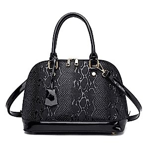 Women's Patent Leather Handbags Shiny Top-Handle Purse Flame Pattern Shoulder Bag (Black)