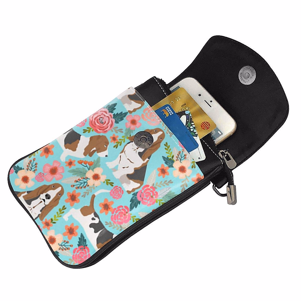 Perfect Gift - Stylish Sweet Basset Hound And Vintage Florals Cell Phone Purse Wallet Big Pocket Small Crossbody Bags Adjustable Shoulder Strap Cellphone Pouch With Card Slots