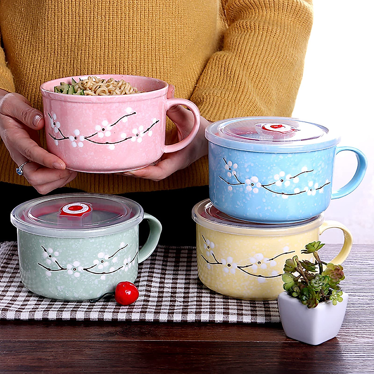 GQHNLUP 4 Pack 30oz Ceramic Bowl with Lid and Handle,Cherry Blossoms Among Snow Flake Pattern,Floral Handpainted Stoneware Bowl for Microwave Dishwasher