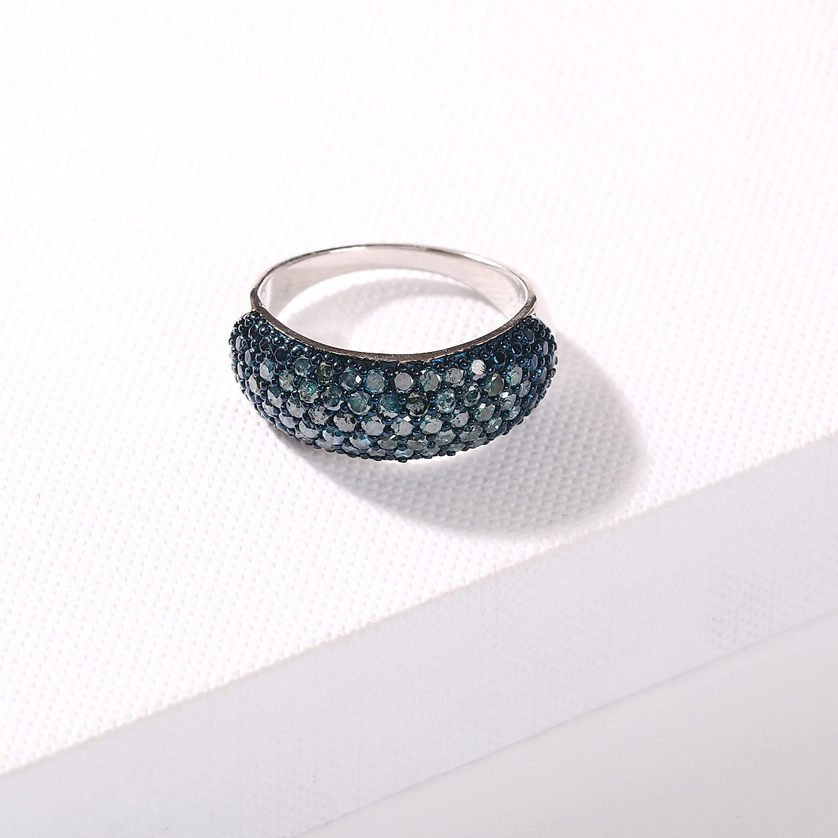 DZON Sterling Silver 1CT TDW Blue Diamond studded Ladies Cocktail Prong Set Right Hand Fashion Anniversary Wedding Multi Row Ring Band for Women (I-J, I2) Ring Size 7