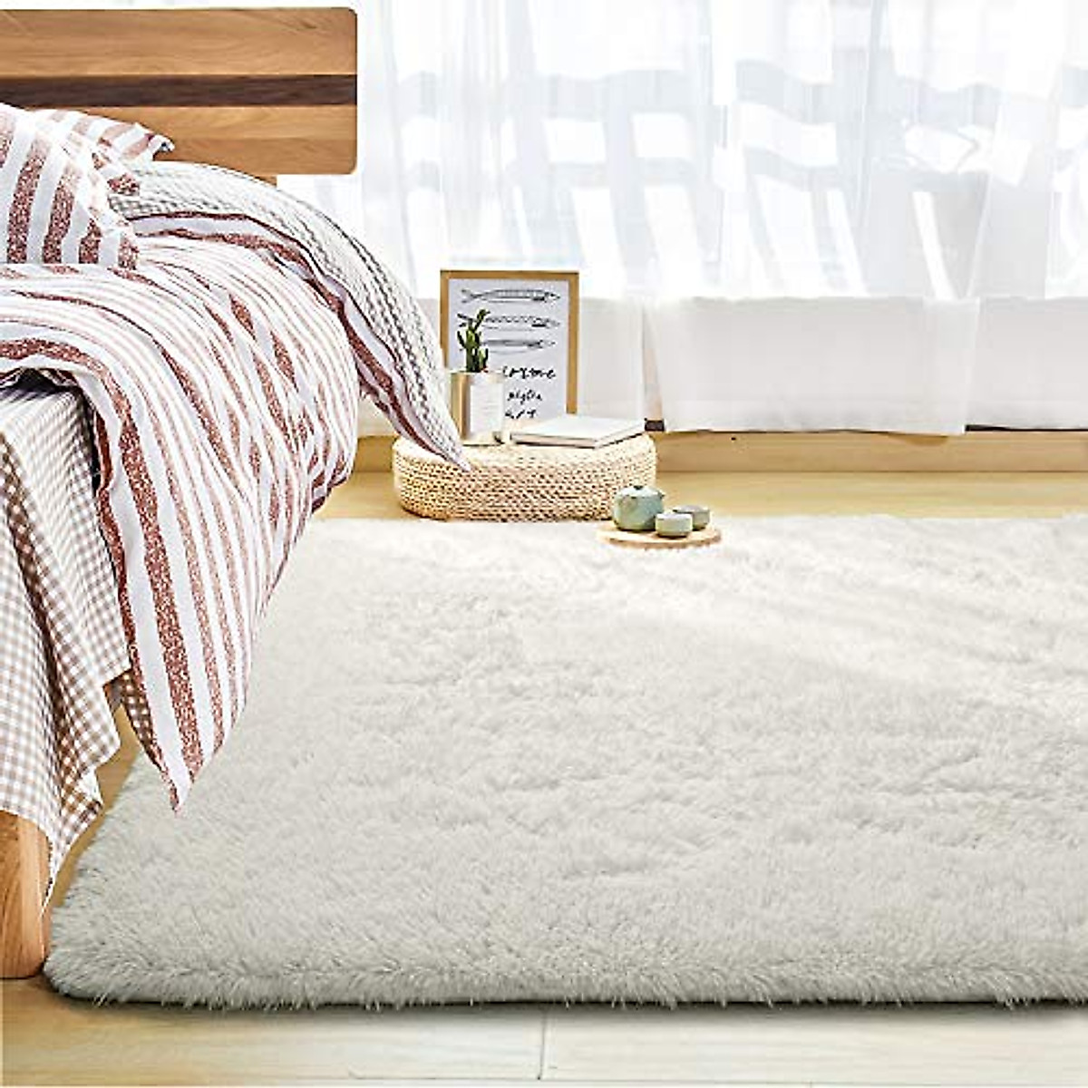 Andecor Soft Fluffy Bedroom Rugs, 8 x 10 Feet Indoor Shaggy Plush Area Rug for Boys Girls Kids Baby College Dorm Living Room Home Decor Floor Carpet, Cream White