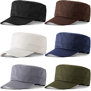 6 Pieces Military Style Hat Cadet Cap Army Fitted Basic Army Hat Vintage Military Cap Adjustable Costume Cotton Twill Flat Top Hats for Men Women, Solid Color