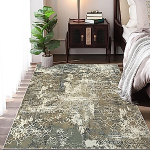 GarveeHome Washable Rug 5x7 Modern Area Rug Non Slip Rug Low Pile Accent Throw Rugs Stain Resistant Indoor Floor Carpet for Living Room, Camel/Green