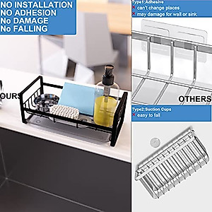 VOLCANOES CLUB Kitchen Sink Sponge Holder with Dish Soap Dispenser & Sponge | Stainless Steel Countertop Sponge Rack | Over The Sink Caddy Organizer with Removable Drain Tray - Black/Large