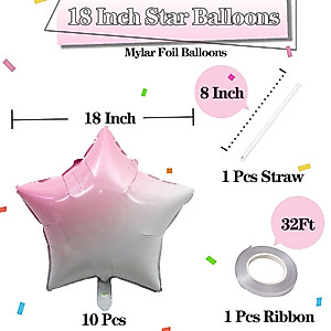 KALOR 18 Inch Gradient Pink Star Mylar Balloons, 10 Pcs Pink White Star Shape Foil Balloon Helium Balloons for Wedding, Baby Shower, Birthday Party Decorations