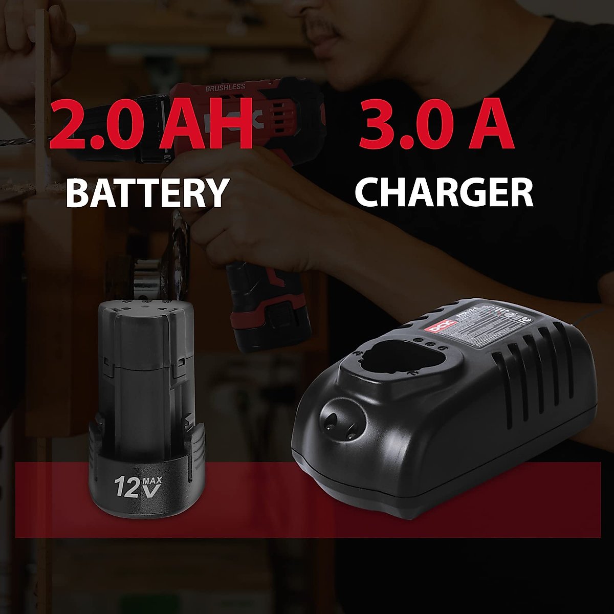 DCK Brushless Drill Set, 310 in.lbs，12V Max Cordless Drill with 2.0Ah Battery, 3/8’’ Keyless Chuck, 2 Variable Speeds, 20+1 Torque Power Tool Kit for Screw Wood/Ceramic/Tile/Metal KDJZ23-10