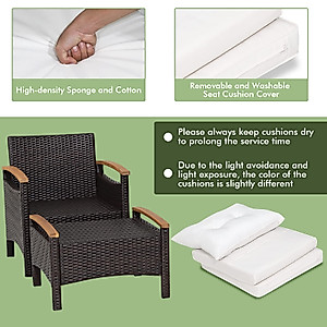 HAPPYGRILL 5 Pieces Patio Furniture Set Outdoor PE Wicker Lounge Chair and Ottoman Set with Cushions and Side Table with Acacia Wood Tabletop, Outdoor Conversation Set for Garden Poolside Backyard