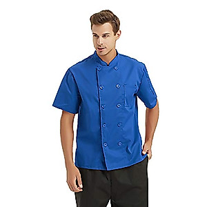 TOPTIE 2 Pack Unisex Short Sleeve Chef Coat Jacket, Royal Blue/Red
