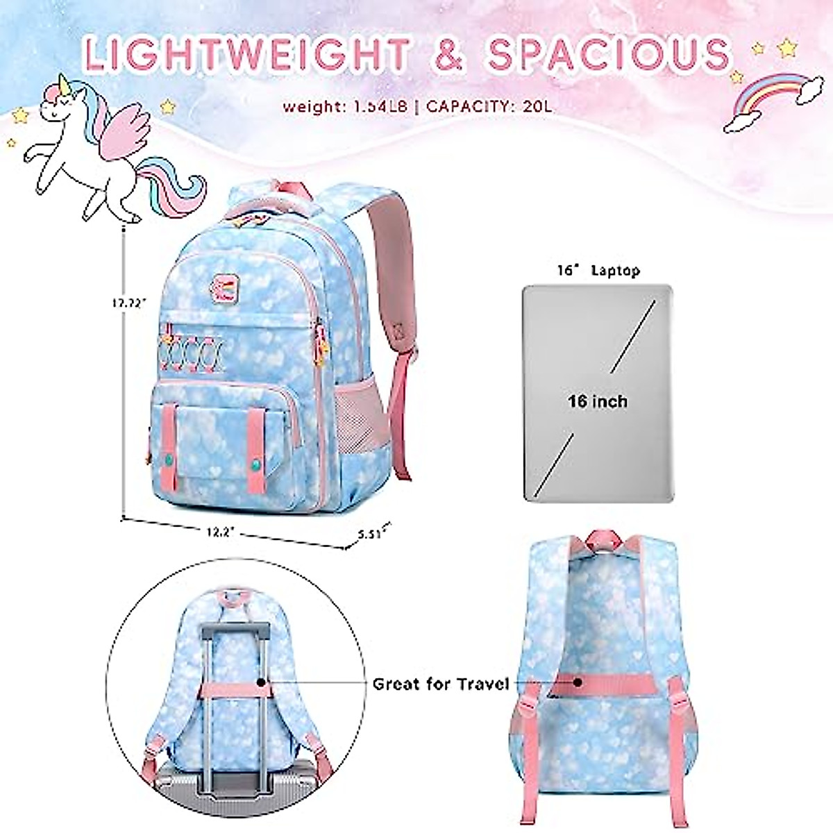 KIDNUO Girls Backpack 15.6 Inch Laptop School Bag Cute Kids Kindergarten Elementary Backpacks Middle Schoolbag Large Bookbags for Women Teens Students Anti Theft Travel Daypack (Blue)