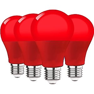 LED Red Light Bulb, A19 9W (60W Equivalent) Red Colored Light Bulb Outdoor, E26 Base Red LED Lights for Party Decoration, New Year, Porch, Home Lighting, Christmas Light Bulbs, Wedding, Bar, 4 Pack