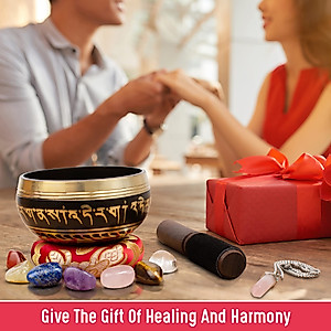 Tibetan Singing Bowl Set -Rose Quartz Pendant - 7 Chakra Crystal stones with Cage Necklace- For Meditation, Mindfulness, Yoga and Spiritual Healing and Energy Cleansing (3.5", Red)