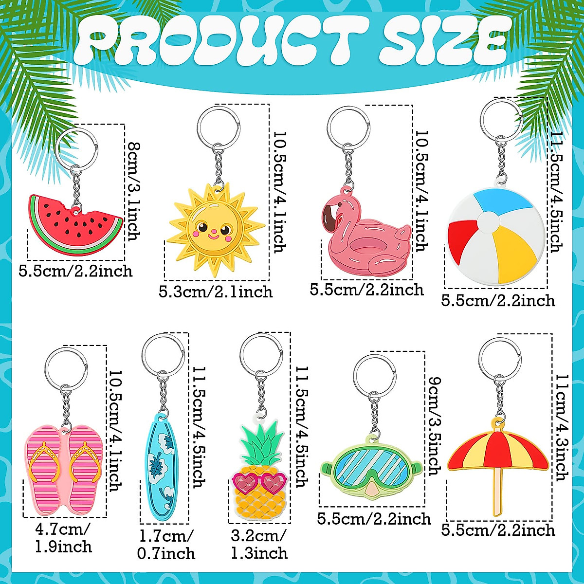 Yinkin 36 Pcs Summer Party Keychains Beach Flamingo Pineapple Turtle Surfboard Keychain for Summer Pool Theme Favor Luau Tropical Hawaiian Sea Party Supplies, 9 Styles(Pool Style)