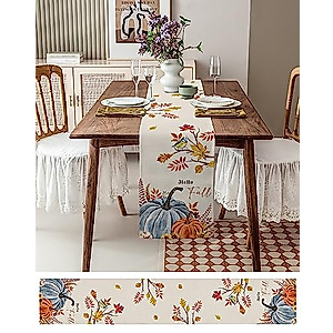 Hello Fall Table Runner 120 inch Long, Pumpkin Maple Leaf Thanksgiving Table Runners Burlap Dresser Scarves for Dining Coffee Table Party Holiday Farmhouse Autumn Harvest Seasonal Kitchen Decor