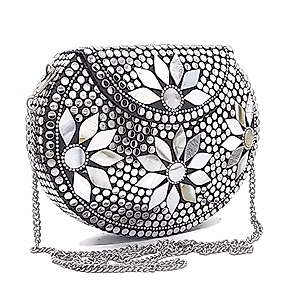 Trend Overseas Silver metal Beaded Ethnic purse Girls Bridal Bag cross body bag for women/Girl party clutch Metal clutches Vintage Brass